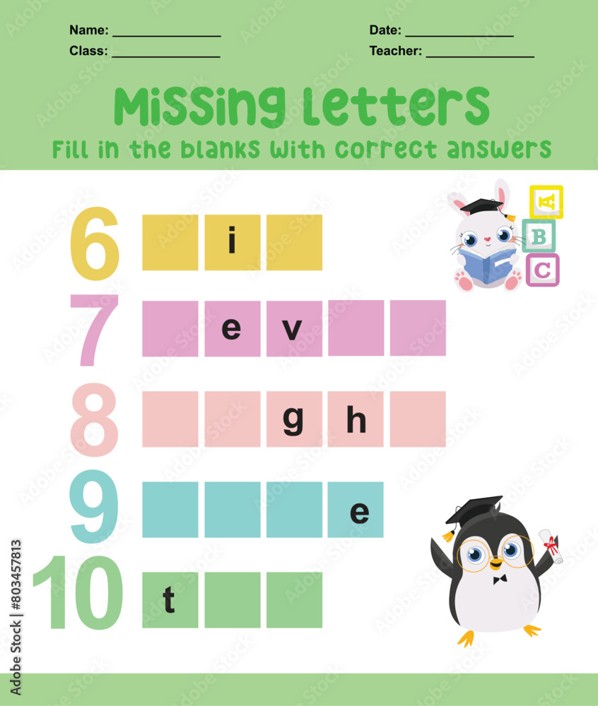 Missing letters worksheet. Complete the letters for number in English ...
