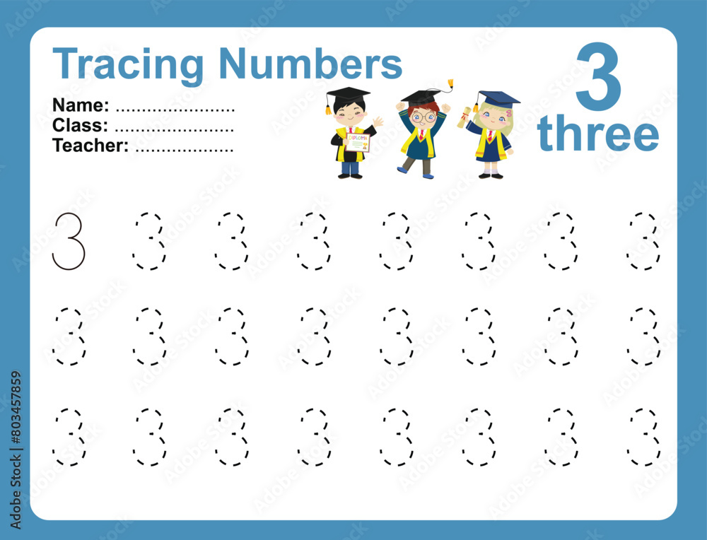 Trace and write number for children. Exercise for children to recognize ...