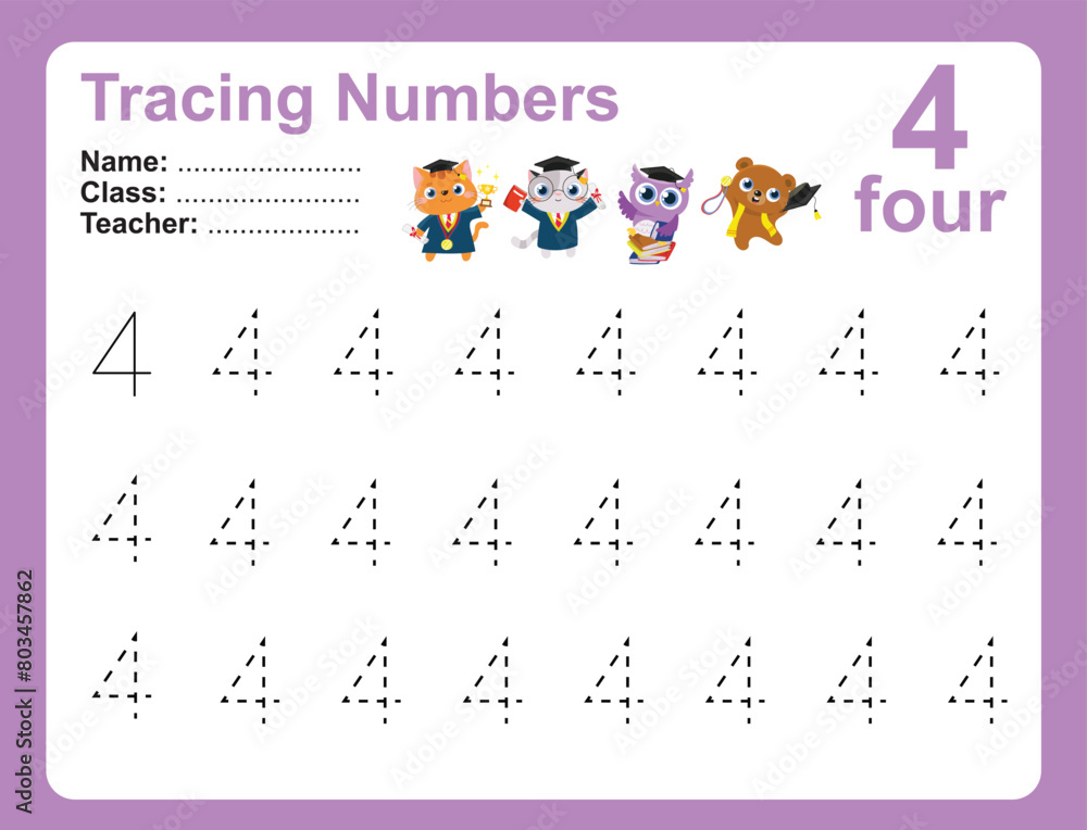 Trace and write number for children. Exercise for children to recognize ...