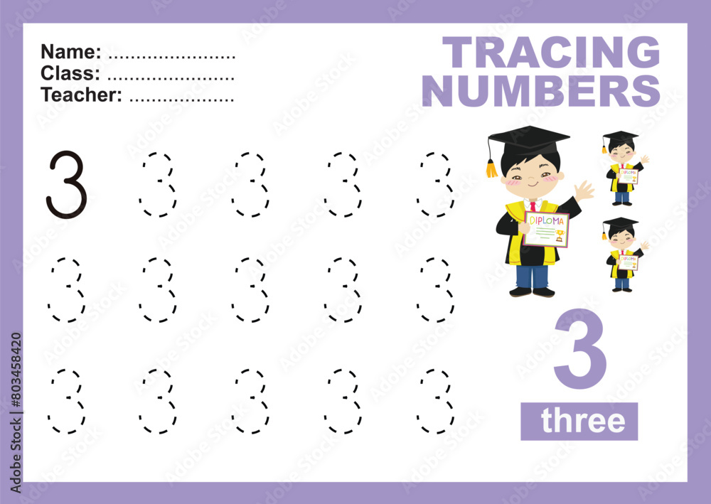 Trace and write number for children. Exercise for children to recognize ...