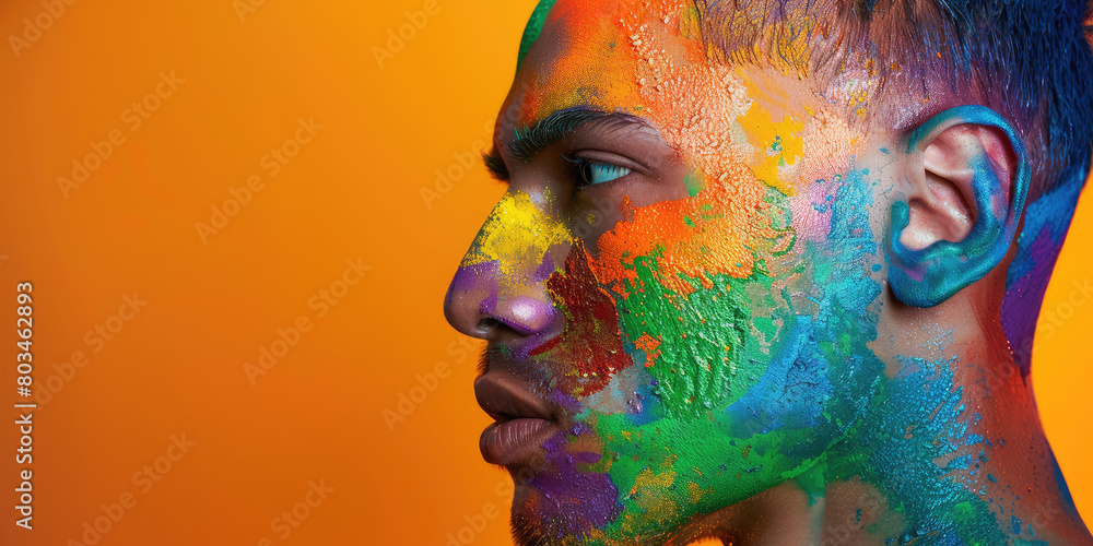 Portrait of young well groomed african man and lgbt flag rainbow colors ...