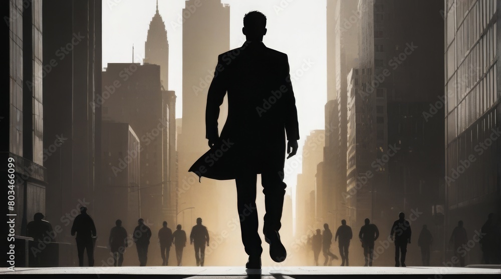 silhouette of a determined man striding confidently forward amidst the ...