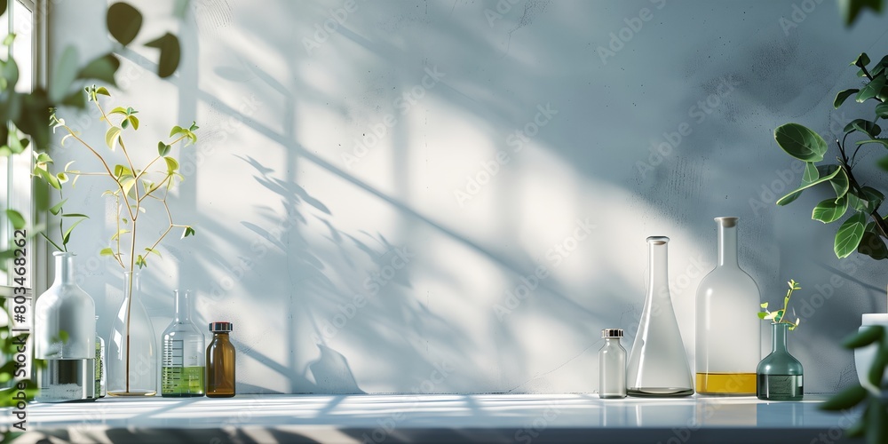 laboratory shelf with various chemical vessels and plants on it, and a ...