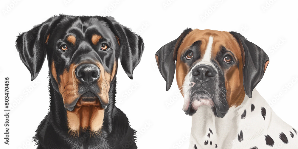 Muzzles of two boxer dogs of different colors on a white background ...