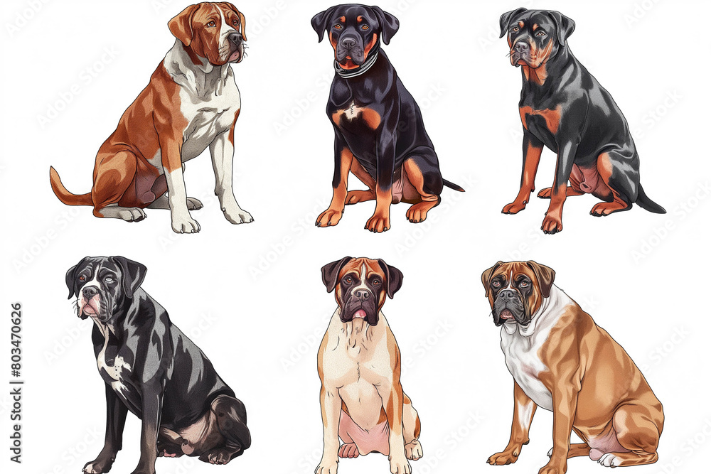 Boxer dogs of different colors sit on a white background. Their ...
