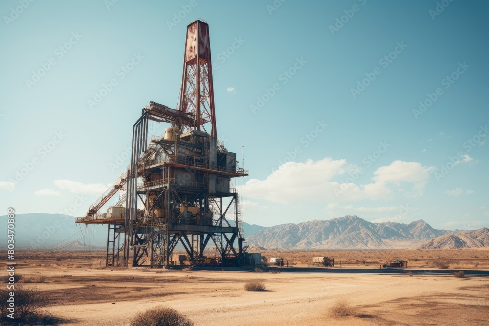 A VetalVit A drilling rig towering over a barren desert landscape ...
