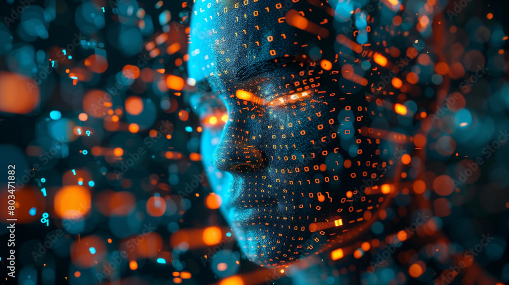 Digital representation of a human face covered in binary code, symbolizing artificial ...