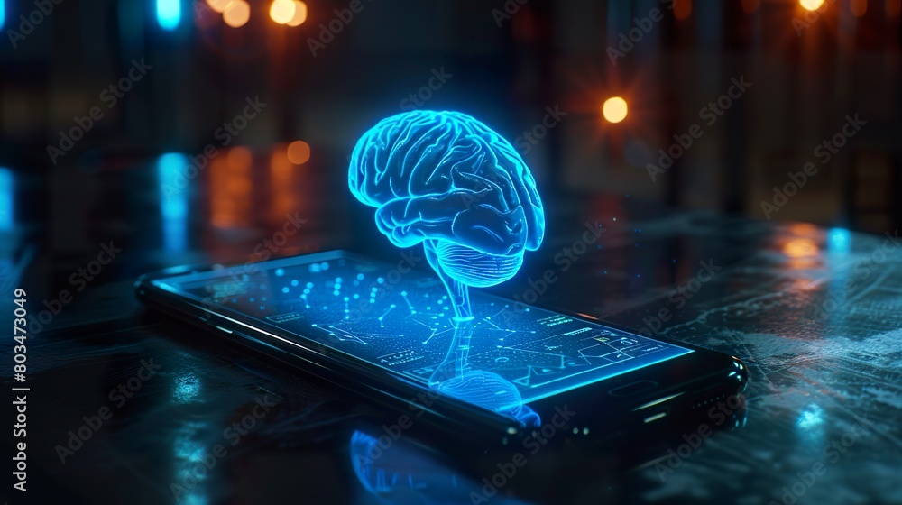 Illustration of a 3D hologram of the human brain in blue color on a ...