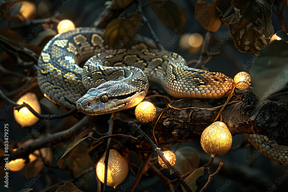 The snake in the Garden of Eden, a snake in a tree surrounded by The ...