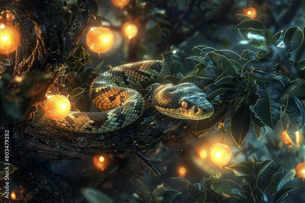 The snake in the Garden of Eden, a snake in a tree surrounded by The ...