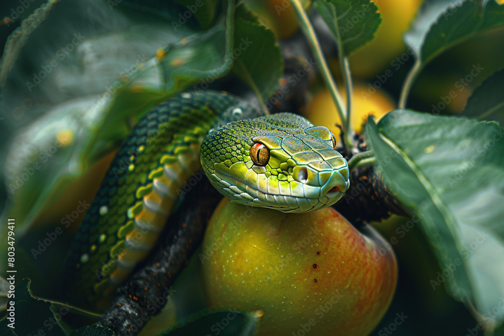 The snake in the Garden of Eden, a snake in a tree surrounded by The ...