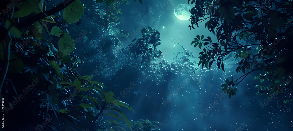 ภาพประกอบสต็อก A night scene in a tropical forest, the moonlight ...