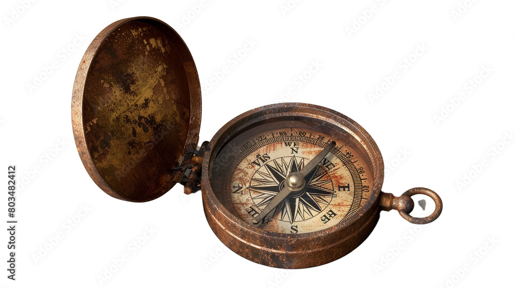 A vintage brass compass with a hinged lid on a transparent background ...