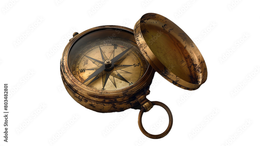 A vintage brass compass with a hinged lid on a transparent background ...