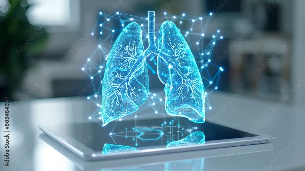 Illustration of a 3D hologram of the human lung in blue color on a ...