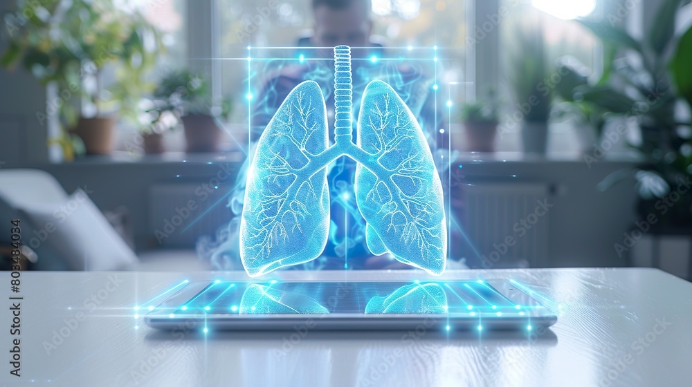 Illustration of a 3D hologram of the human lung in blue color on a ...