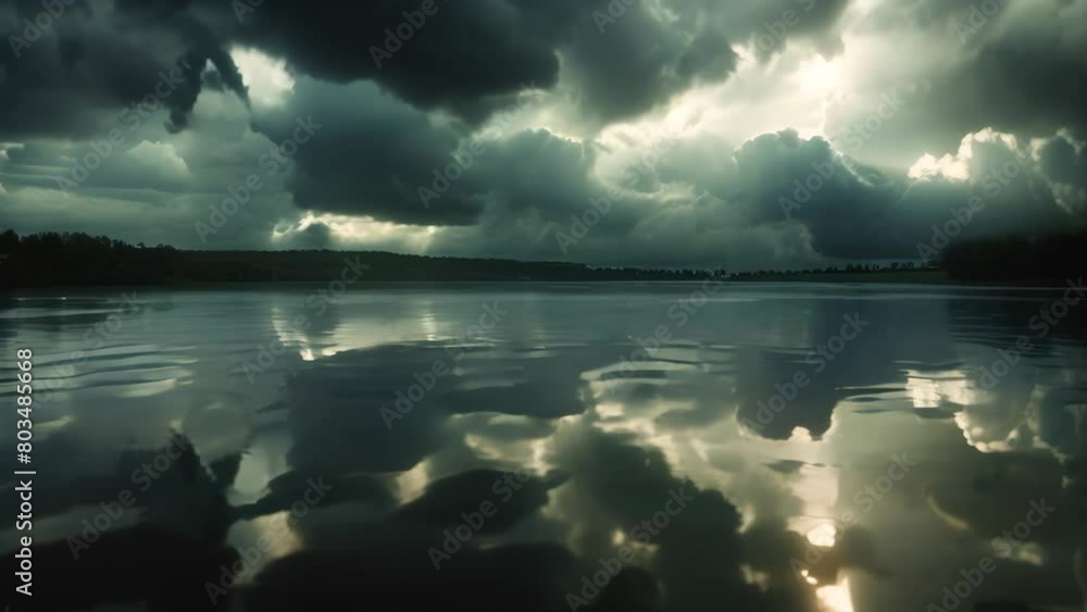 A photograph showing a wide and extensive body of water with a cloudy ...
