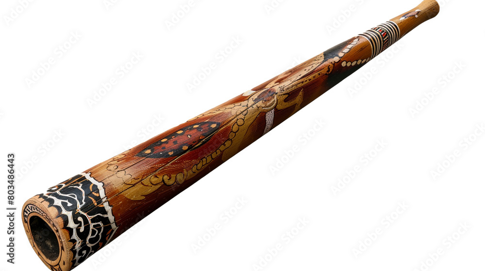 An Australian didgeridoo with aboriginal art on a transparent ...