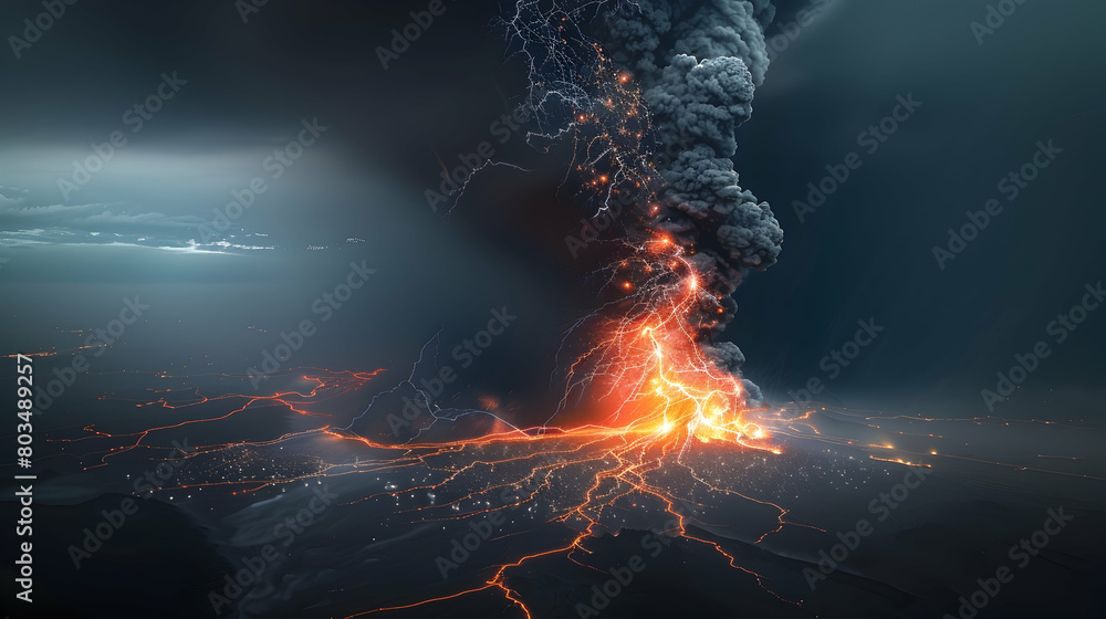 A powerful image of a volcanic lightning storm, where electric charges ...