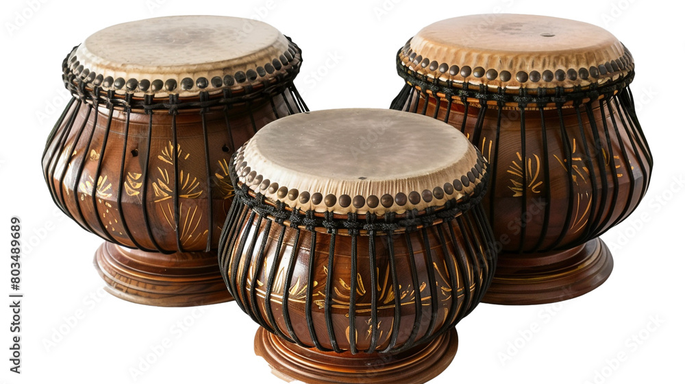 An Indian tabla drum set with cushion rings on a transparent background ...