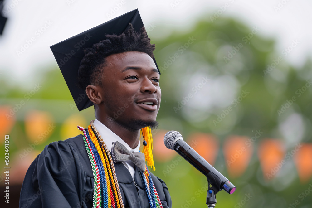 A young black male valedictorian giving a speech at his college ...