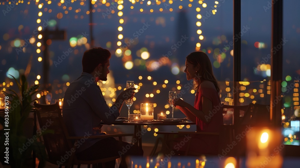 A couple sharing a romantic dinner on a rooftop terrace, with city ...