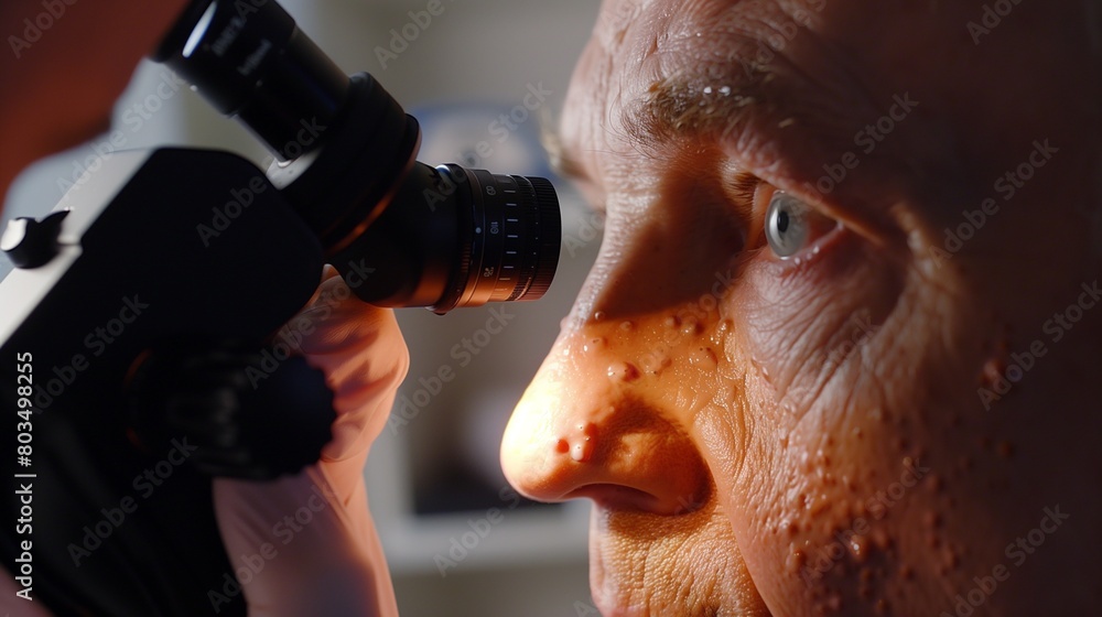 A dermatologist performing a skin cancer screening, using a ...
