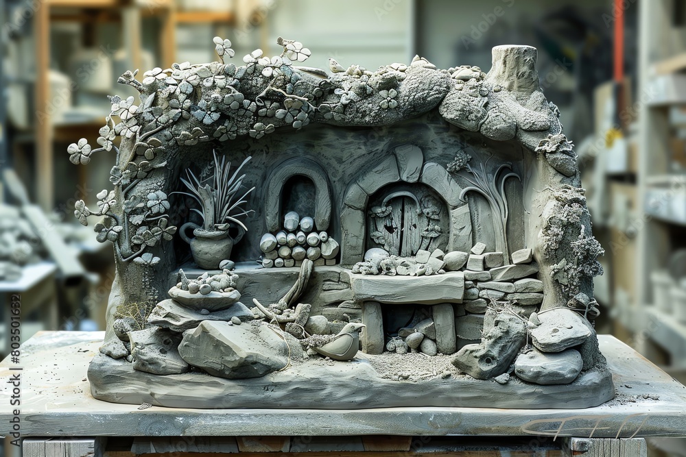 Design a detailed clay sculpture depicting a front view of a forge ...