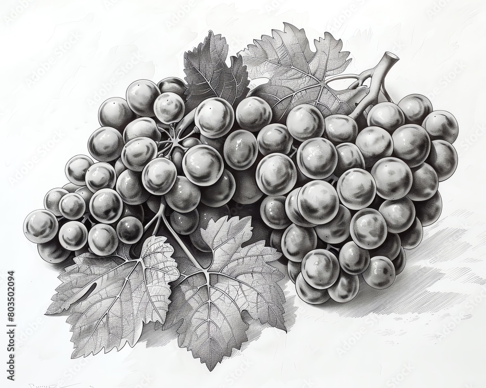 Illustrate a high-angle view of grapes using pen and ink, focusing on ...