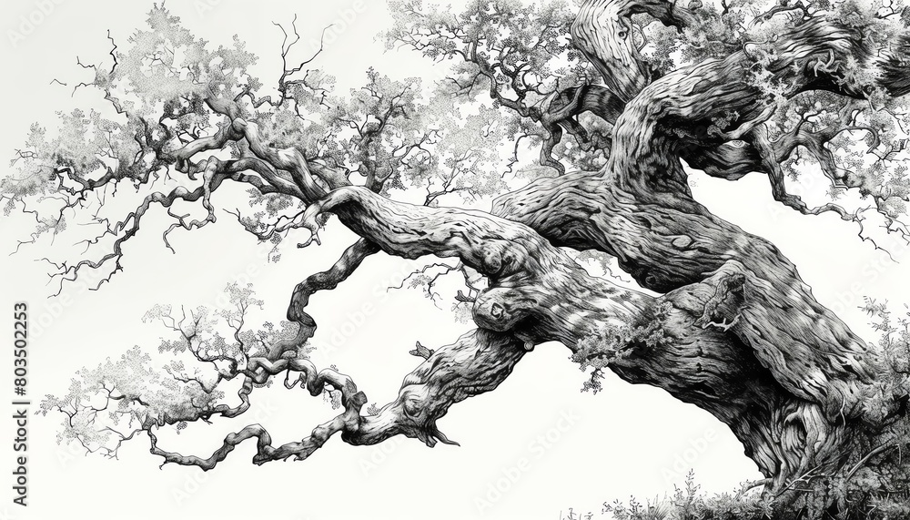 Illustrate a panoramic view of a weathered Oak tree using intricate pen ...