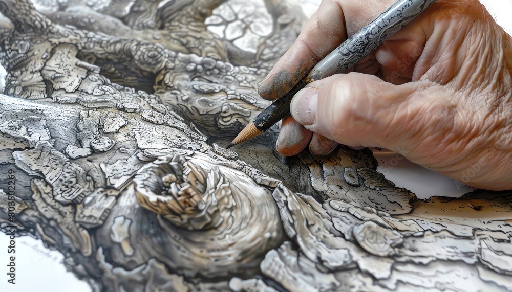 Illustrate a panoramic view of a weathered Oak tree using intricate pen ...