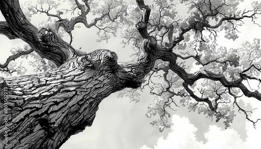 Illustrate a panoramic view of a weathered Oak tree using intricate pen ...