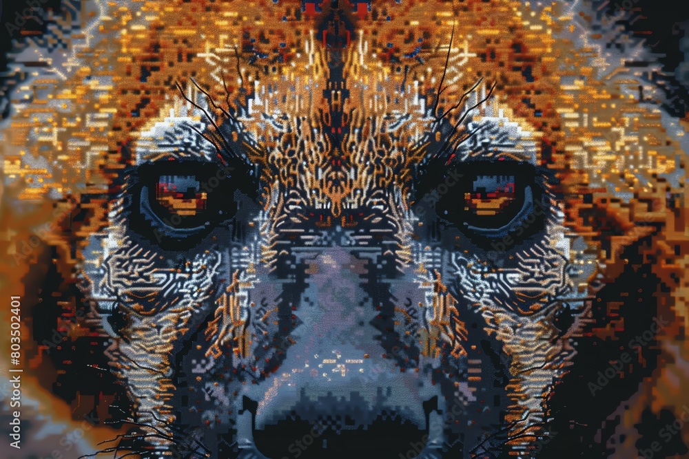 Illustrate a pixel art rendition of a close-up shot of a hyenas ...