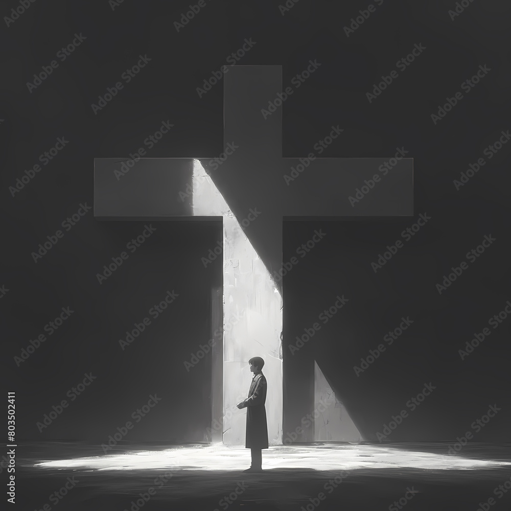 Pensive Christian Prayer Before the Cross in a Monastic Setting Stock ...