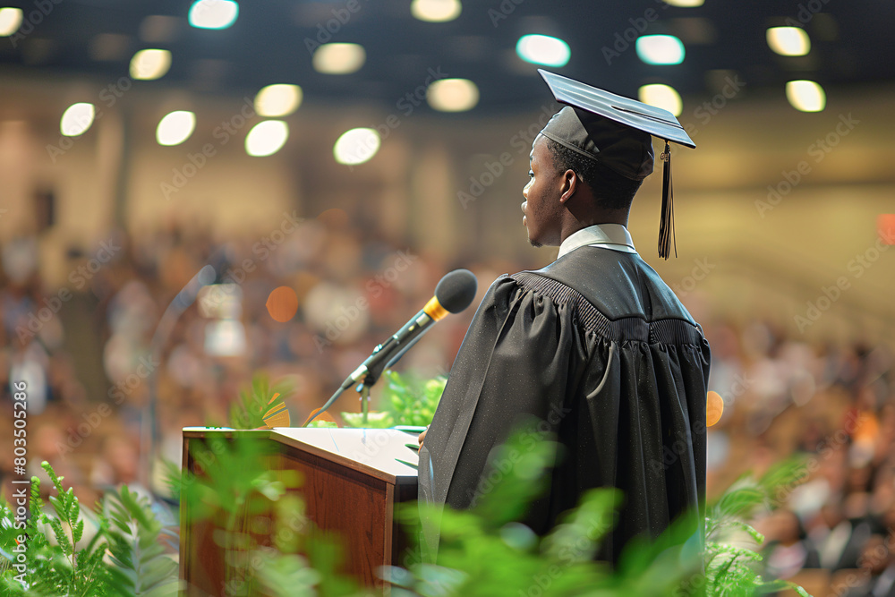 A male valedictorian seen from behind, giving a speech at the college ...