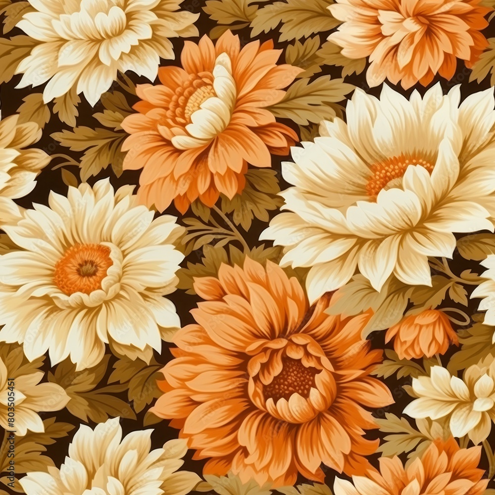 Vintage 70s-style floral seamless repeat pattern with vibrant orange ...