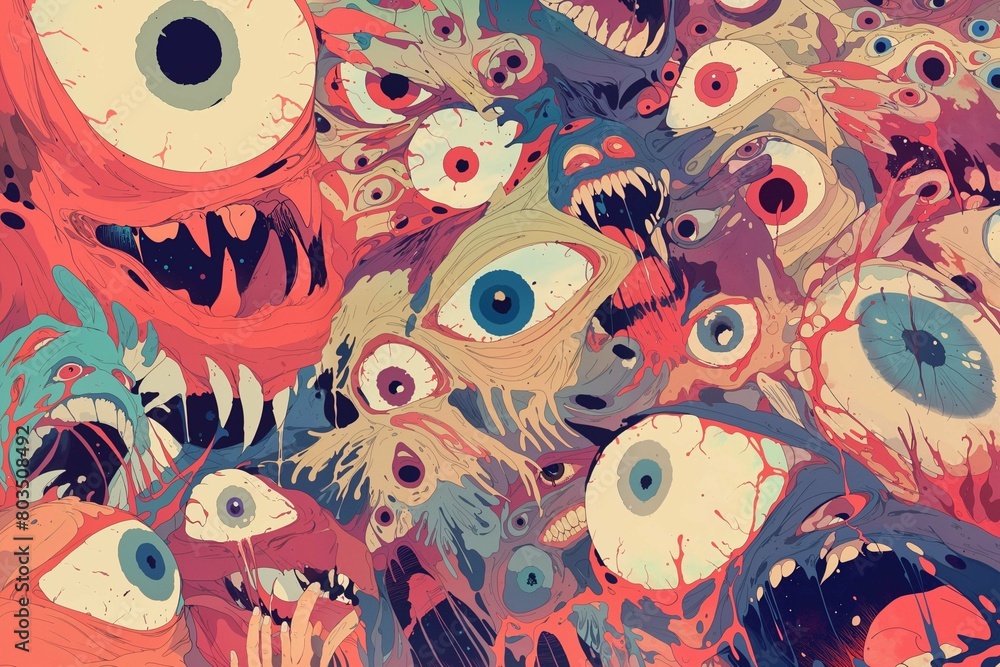 many different detailed creatures, faces, eyes Stock Illustration ...