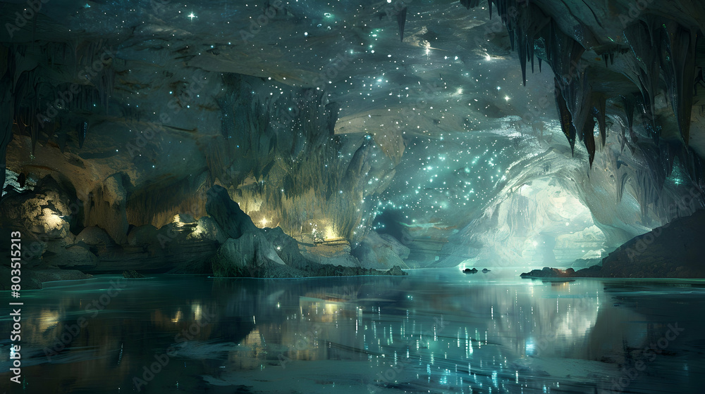 An underground cave system with a smooth, reflective underground lake ...