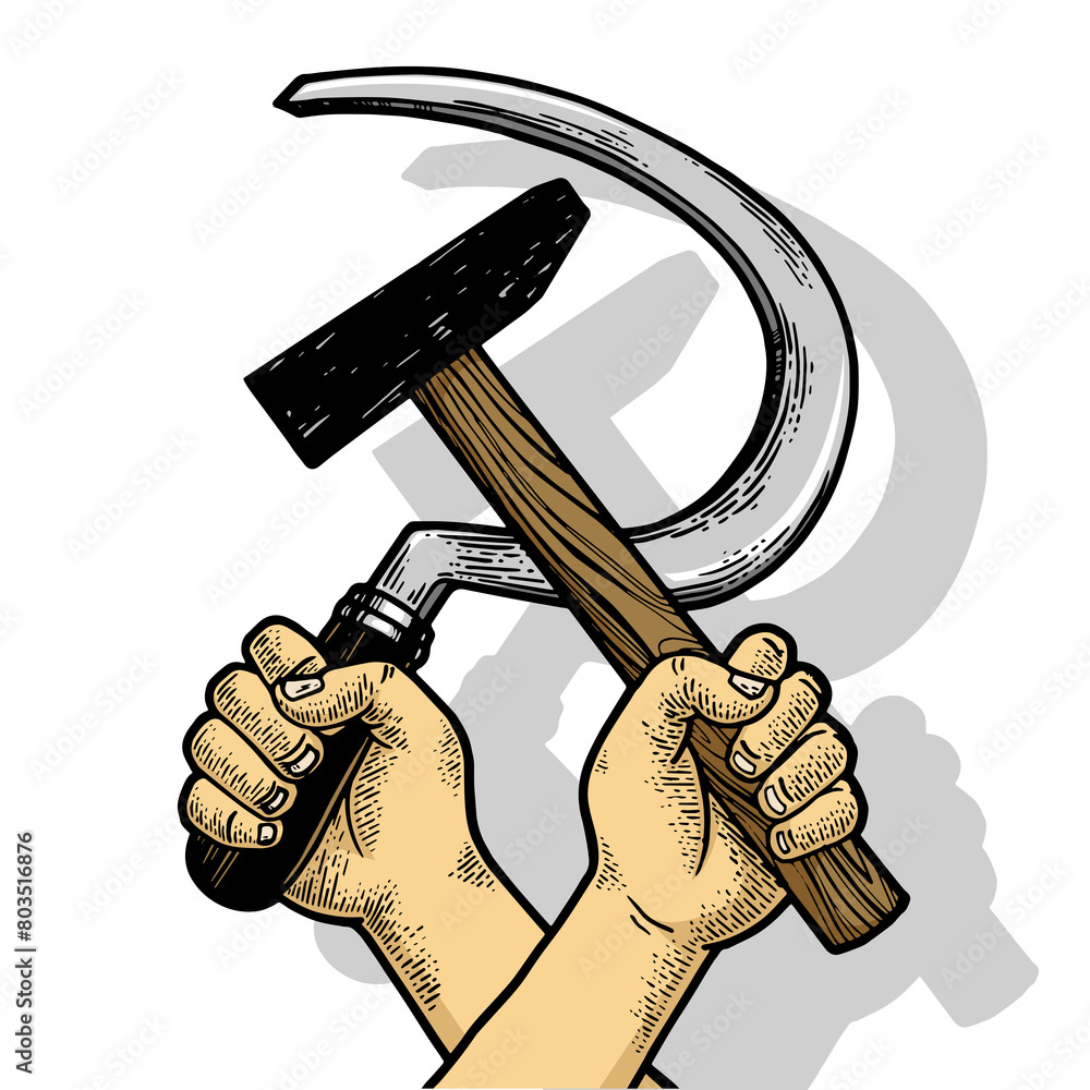 Hand with hammer and sickle on red background sketch engraving PNG ...