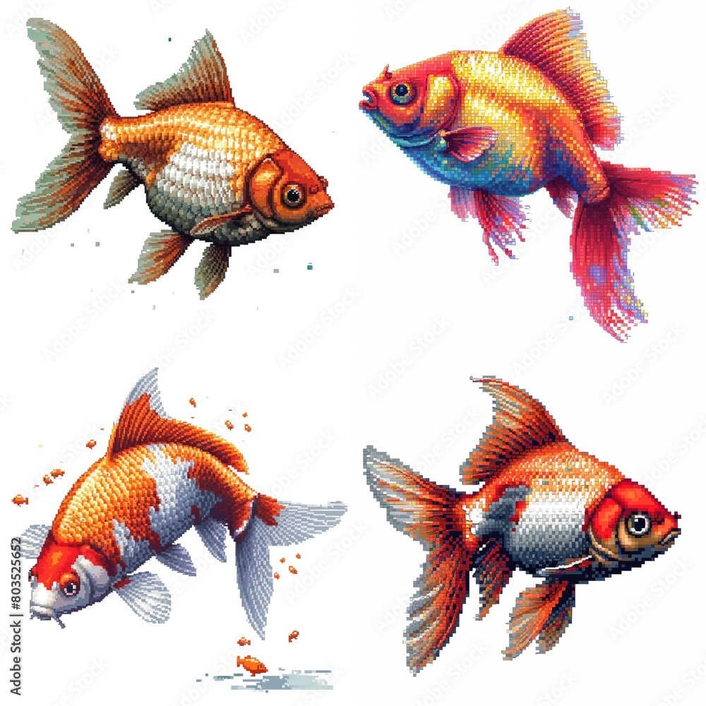 Pixel Art Fish Pack, Goldfish Illustration Set, 8Bit Pet and Animal ...