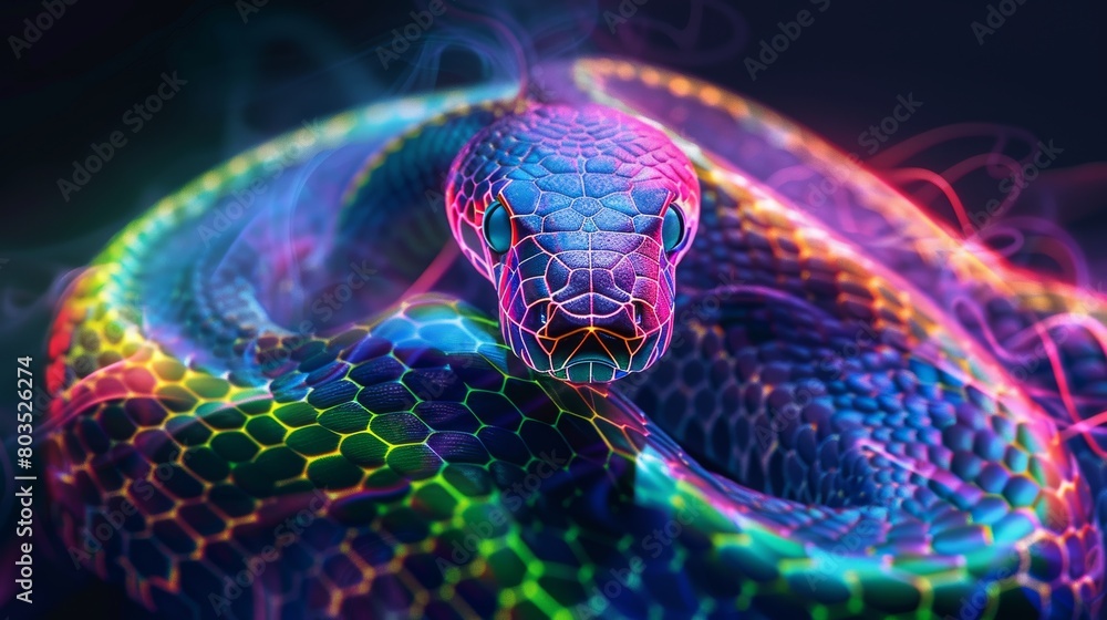 Vibrant illustration of a neon-lit, digital snake coiled against a dark ...