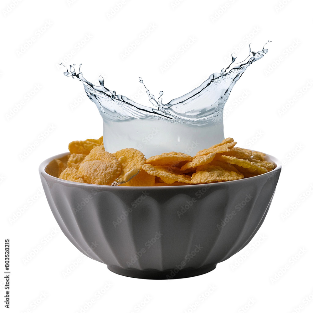 Corn flakes with milk splash in white bowl isolated on transparent ...