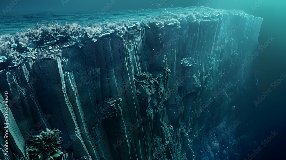 Underwater cliff of a continental shelf, showing a vertical drop and ...