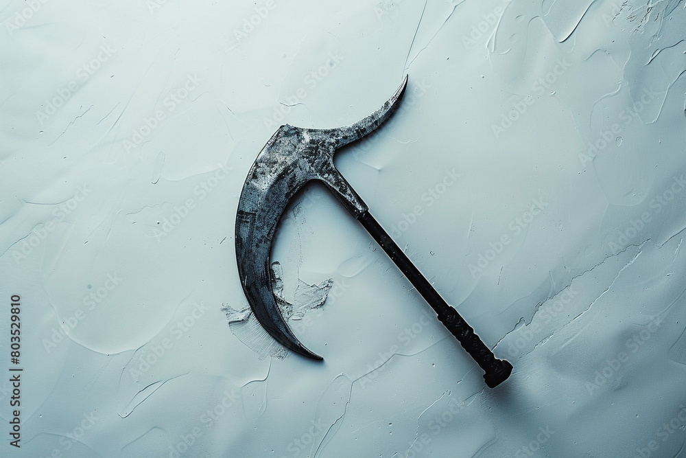 A minimalist scene featuring a battle sickle on a solid white surface ...