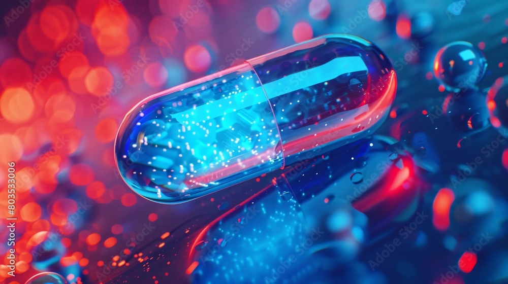 Smart digital pill or capsule on glowing blue and red background ...