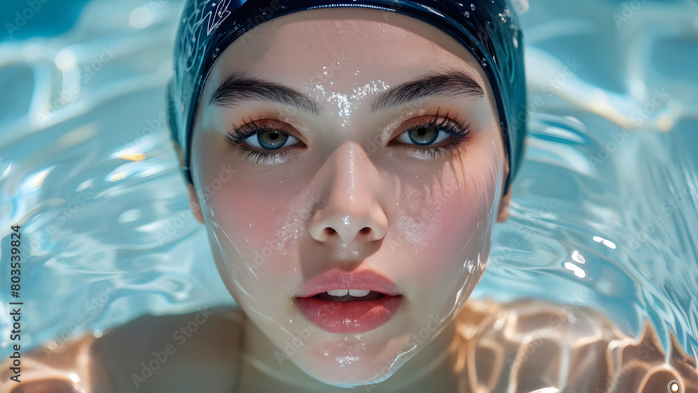 Streamlined Aquatic Style: Swim Cap on Asian Swimmer, Hydrodynamic ...