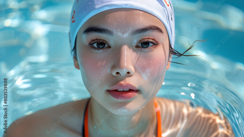 Streamlined Aquatic Style: Swim Cap on Asian Swimmer, Hydrodynamic ...