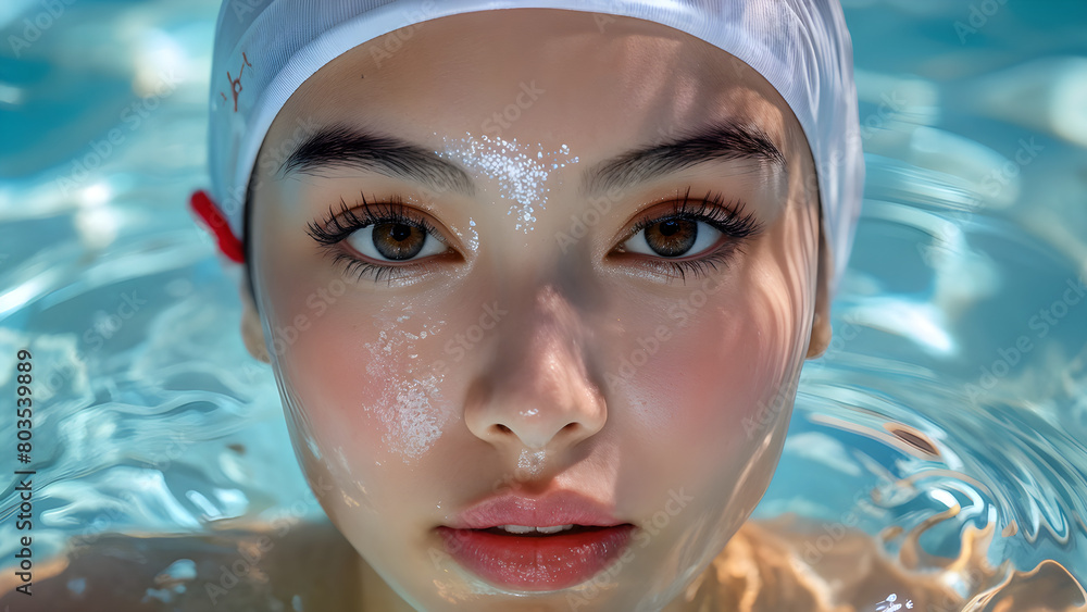 Streamlined Aquatic Style: Swim Cap on Asian Swimmer, Hydrodynamic ...