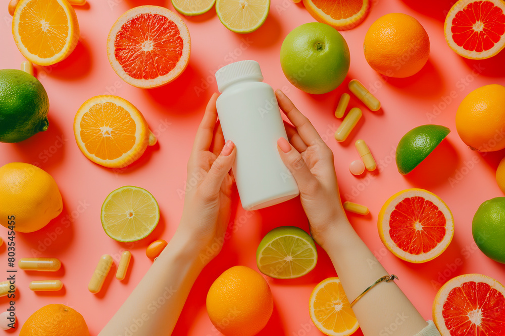 Healthy eating concept. Women take supplements on a white bottle. Omega ...
