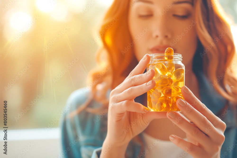 Healthy eating concept. Women take supplements on a white bottle. Omega ...